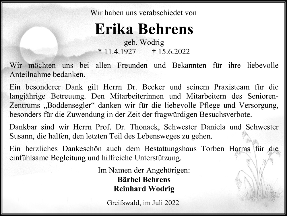 Traueranzeigen von Erika Behrens | trauer-anzeigen.de