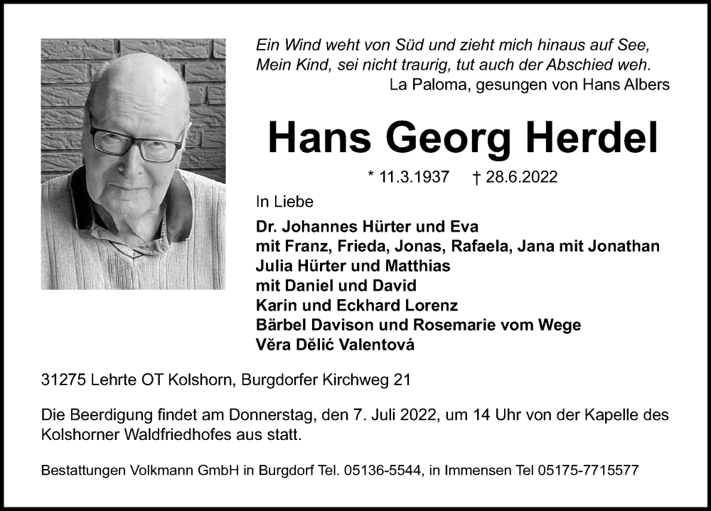 Traueranzeigen von Hans Georg Herdel | trauer-anzeigen.de