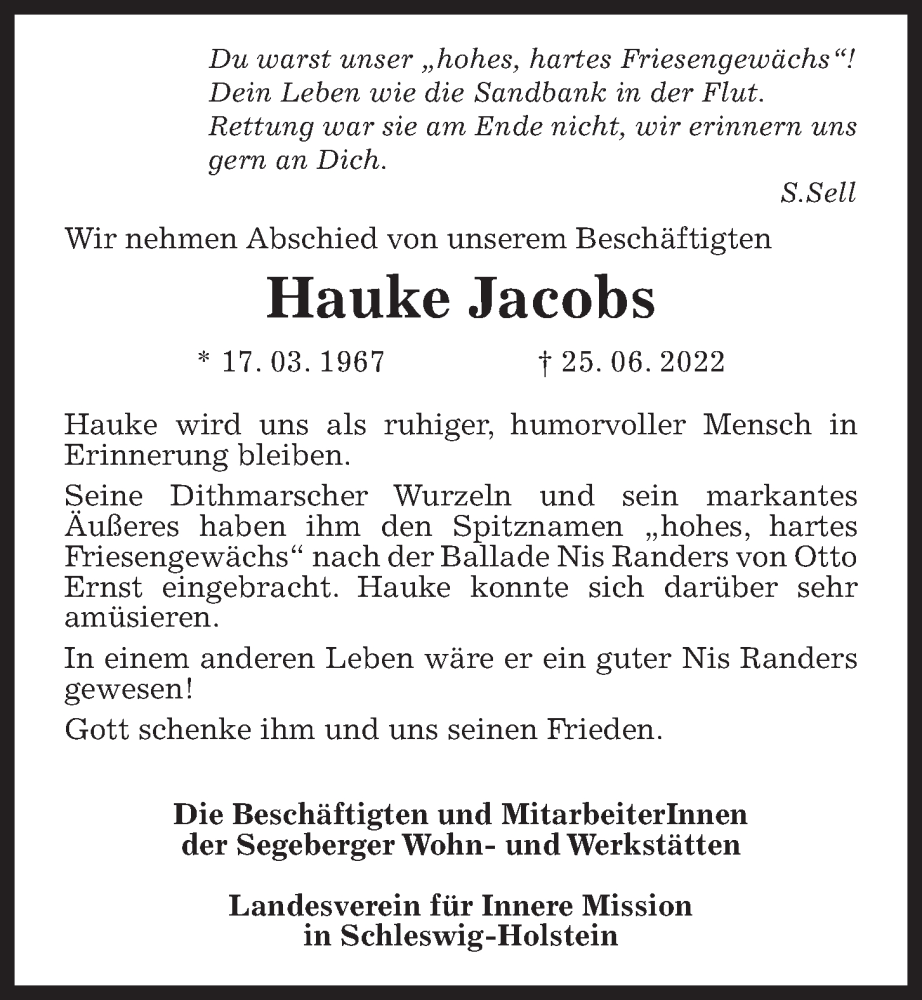 Traueranzeigen von Hauke Jacobs | trauer-anzeigen.de
