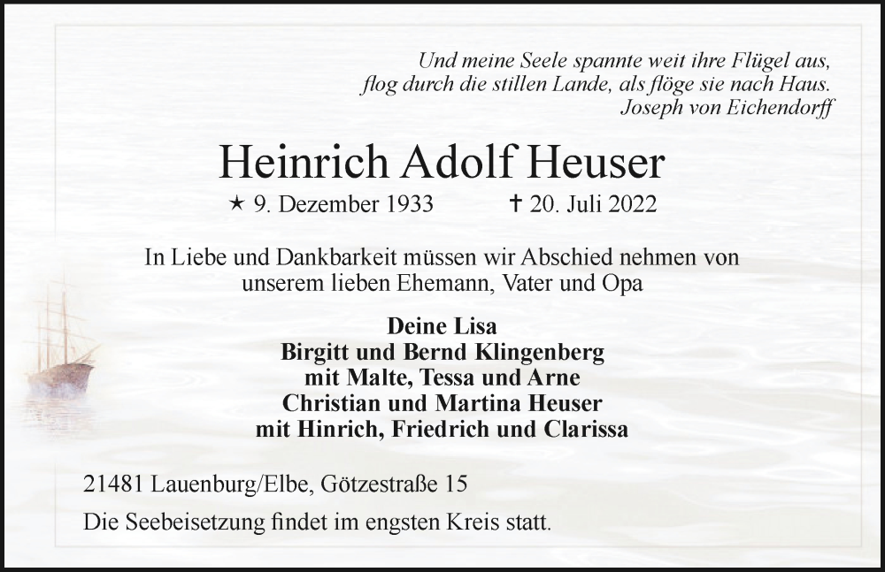 Traueranzeigen von Heinrich Adolf Heuser | trauer-anzeigen.de