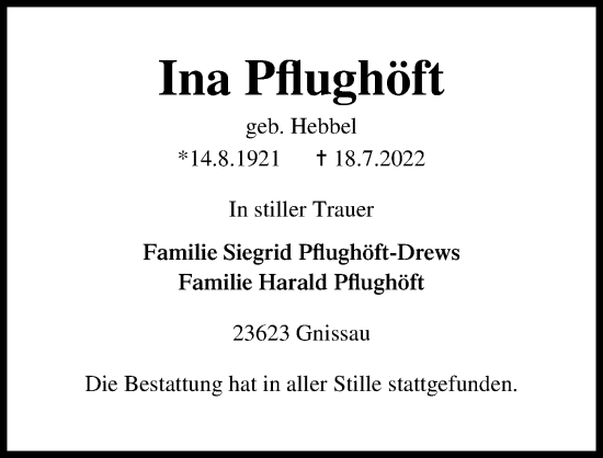 Traueranzeigen von Ina Pflughöft | trauer-anzeigen.de