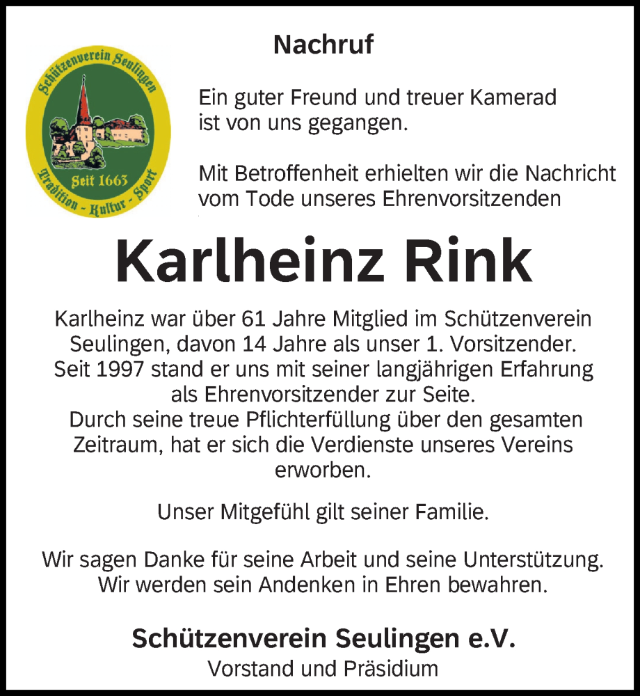 Traueranzeigen von Karlheinz Rink | trauer-anzeigen.de