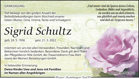 Traueranzeigen von Sigrid Schultz | trauer-anzeigen.de