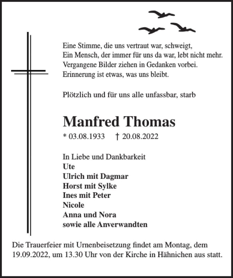 Traueranzeigen von Manfred Thomas | trauer-anzeigen.de