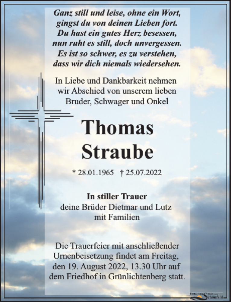 Traueranzeigen von Thomas Straube | trauer-anzeigen.de