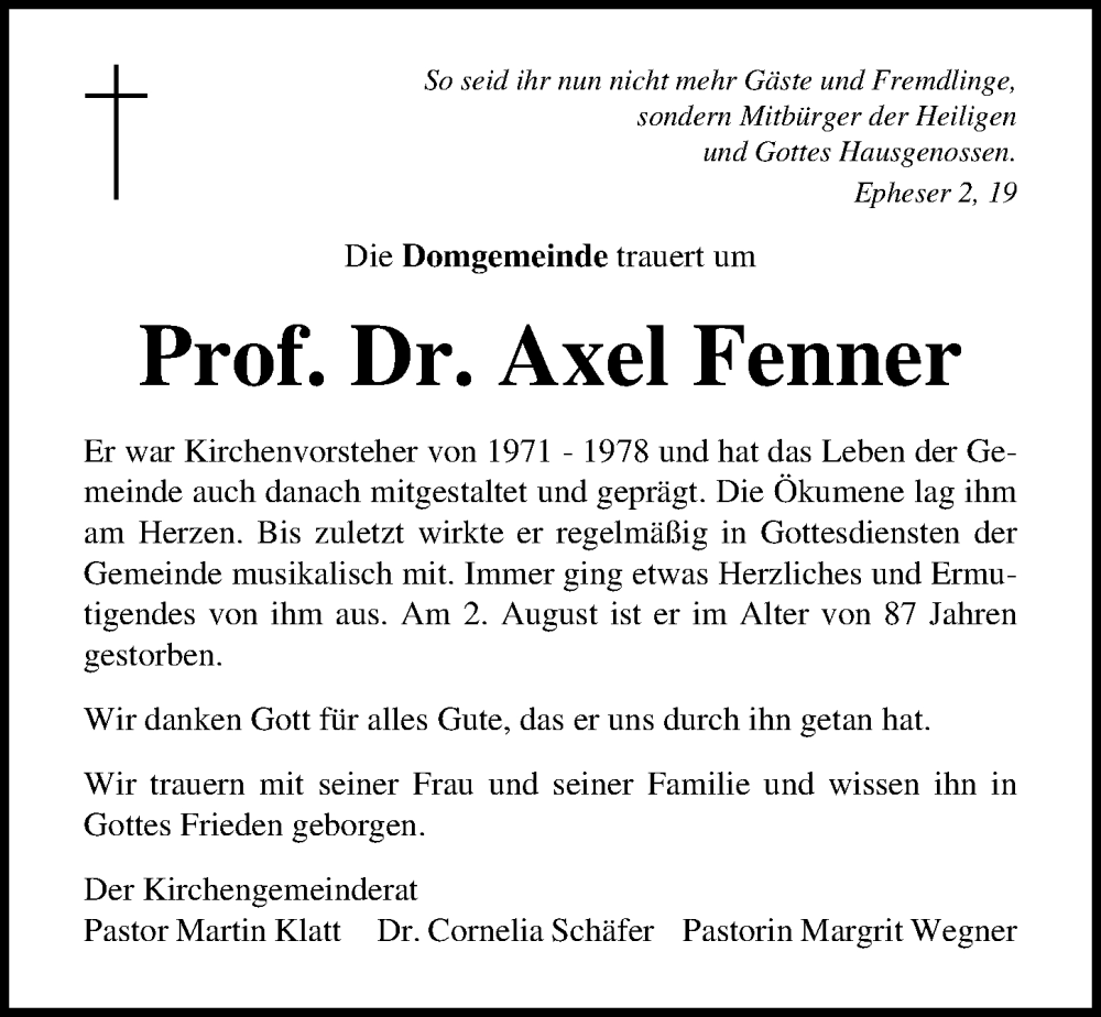 Traueranzeigen von Axel Fenner | trauer-anzeigen.de