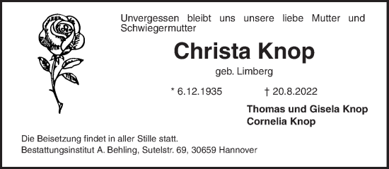 Traueranzeigen von Christa Knop | trauer-anzeigen.de