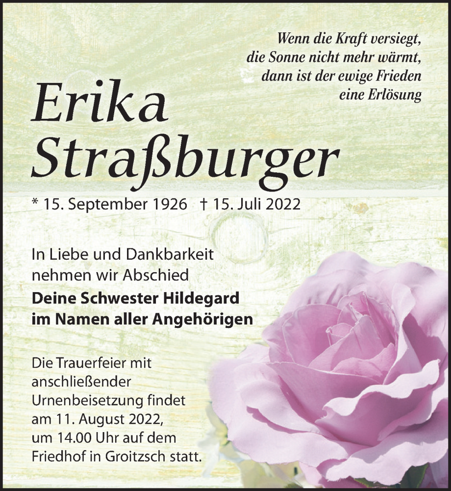 Traueranzeigen von Erika Straßburger | trauer-anzeigen.de