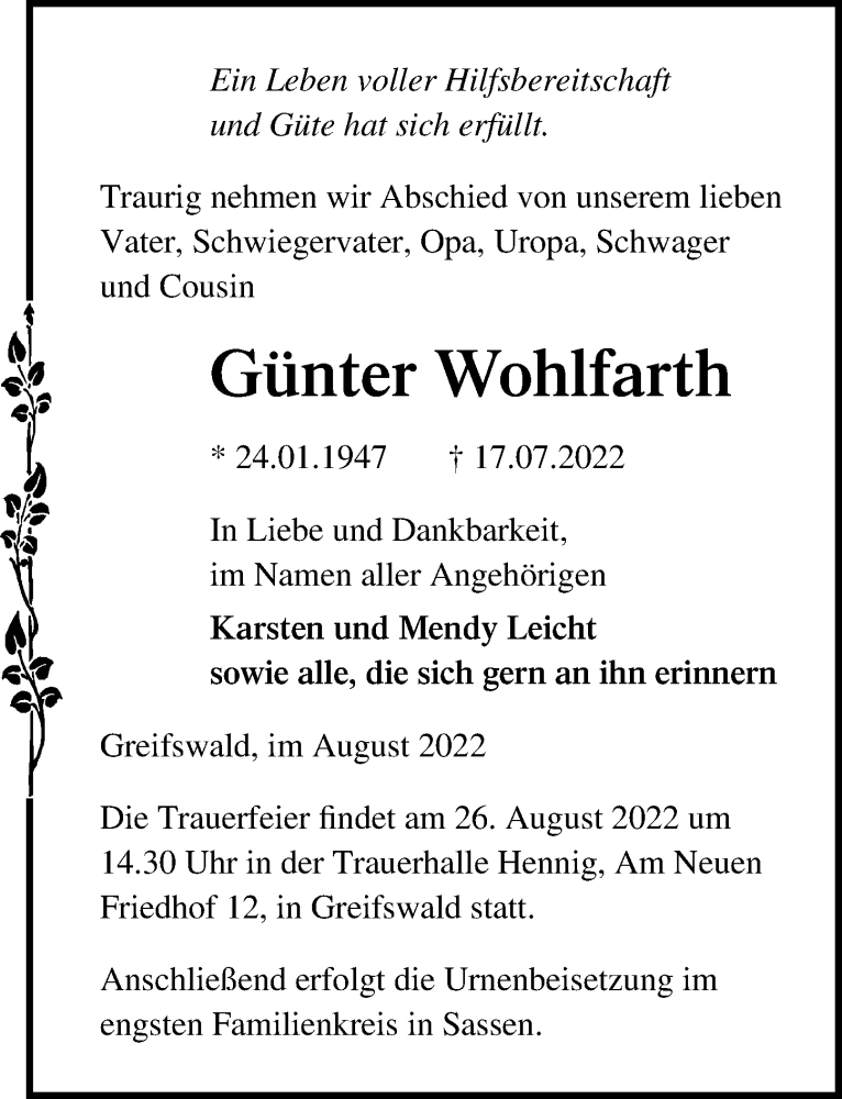 Traueranzeigen von Günter Wohlfarth | trauer-anzeigen.de