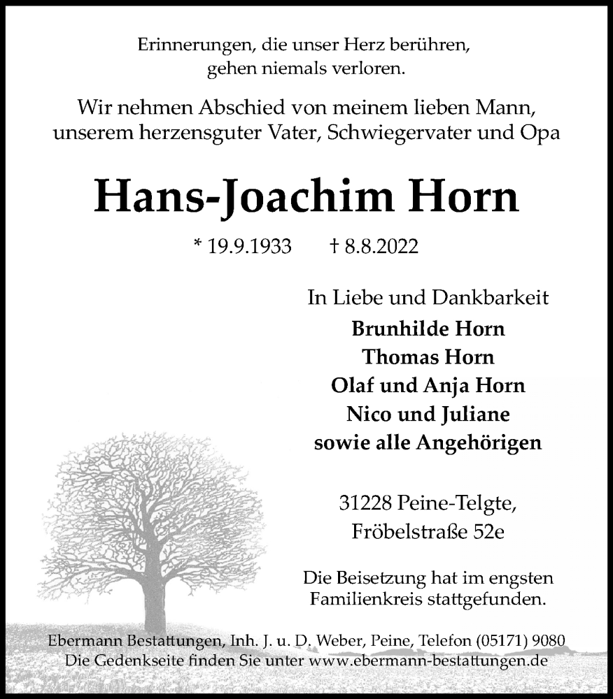Traueranzeigen von Hans-Joachim Horn | trauer-anzeigen.de