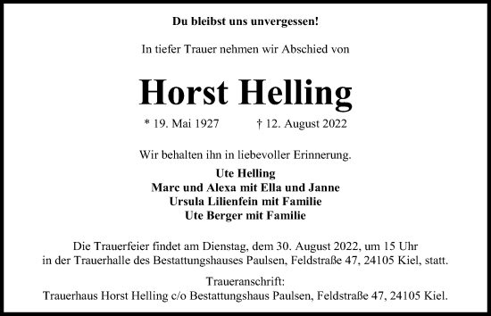 Traueranzeigen von Horst Helling | trauer-anzeigen.de