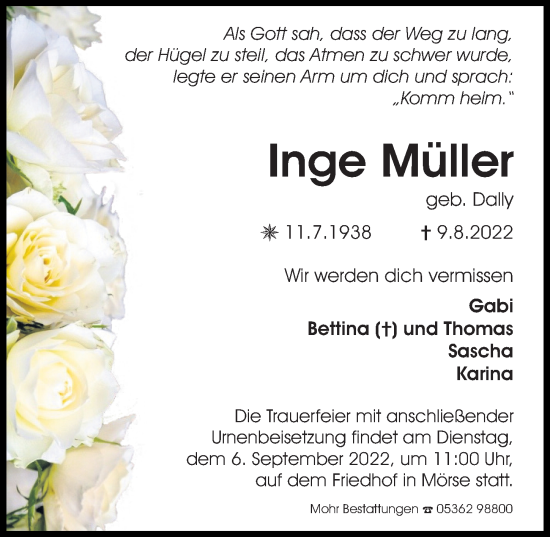 Traueranzeigen von Inge Müller | trauer-anzeigen.de