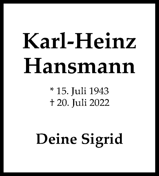 Traueranzeigen von Karl-Heinz Hansmann | trauer-anzeigen.de