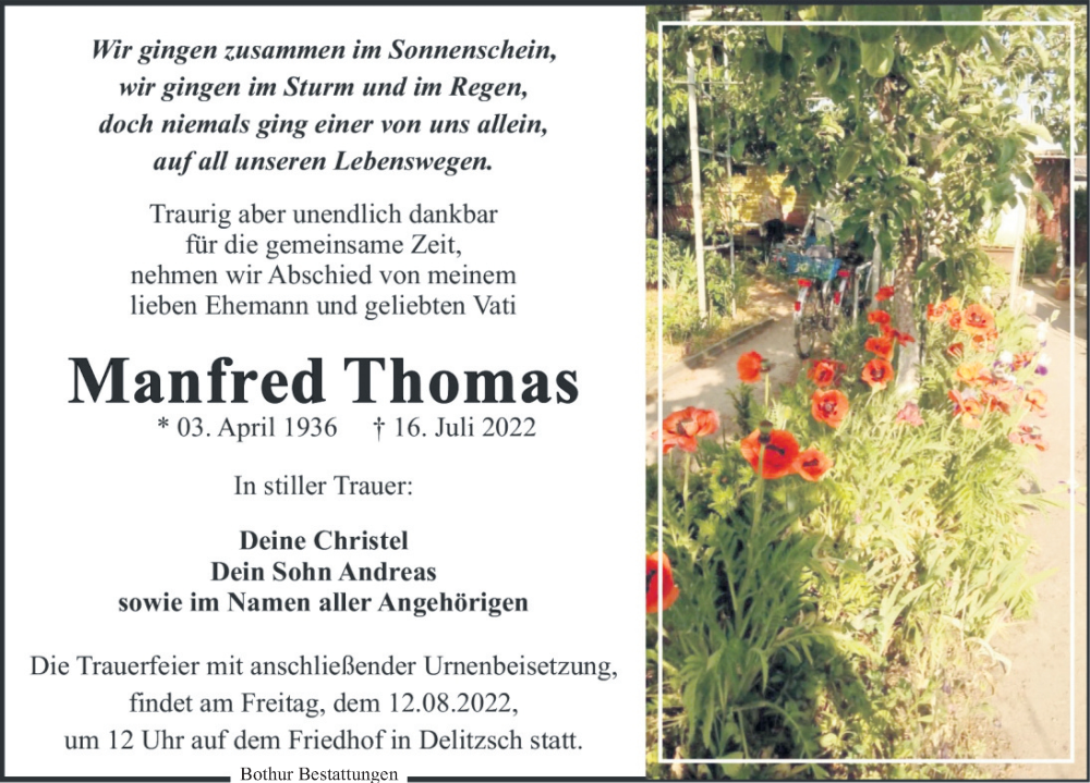 Traueranzeigen von Manfred Thomas | trauer-anzeigen.de