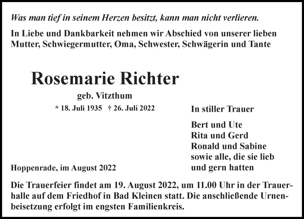 Traueranzeigen von Rosemarie Richter | trauer-anzeigen.de