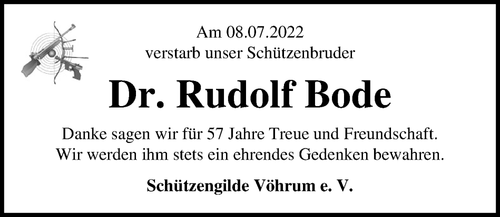 Traueranzeigen von Rudolf Bode | trauer-anzeigen.de
