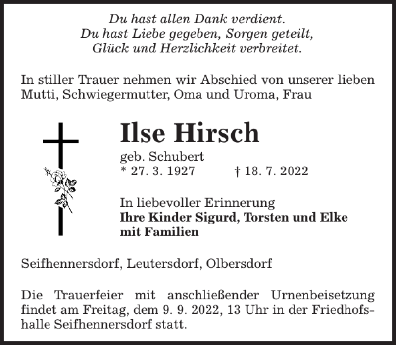 Traueranzeigen von Ilse Hirsch | trauer-anzeigen.de