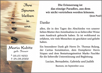 Traueranzeigen von Maria Kubitz | trauer-anzeigen.de