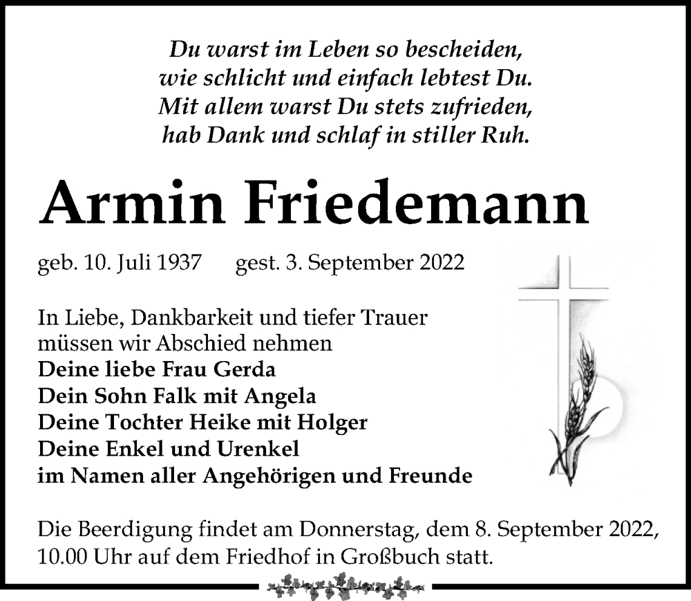 Traueranzeigen von Armin Friedemann | trauer-anzeigen.de
