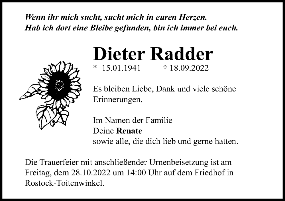 Traueranzeigen von Dieter Radder | trauer-anzeigen.de