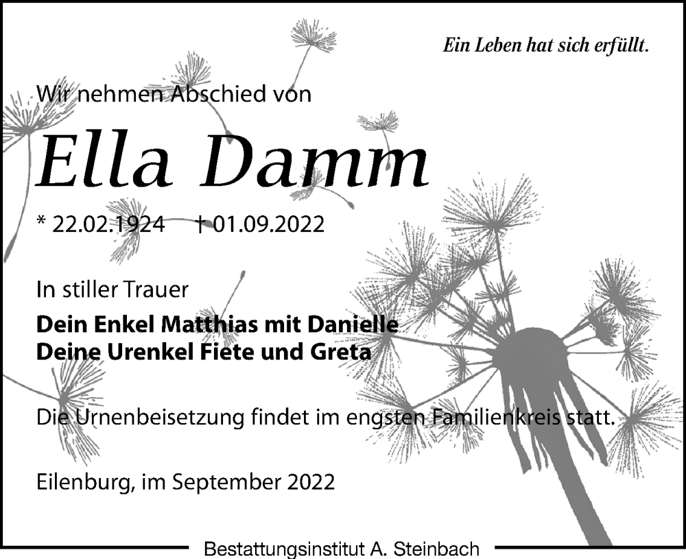 Traueranzeigen von Ella Damm | trauer-anzeigen.de