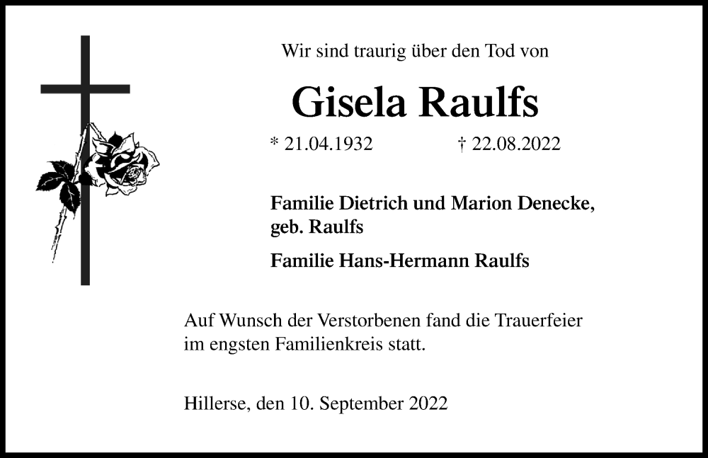 Traueranzeigen von Gisela Raulfs | trauer-anzeigen.de