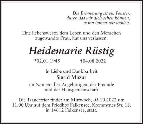 Traueranzeigen von Heidemarie Rüstig | trauer-anzeigen.de