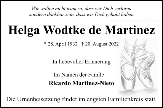Traueranzeigen von Helga Wodtke de Martinez | trauer-anzeigen.de