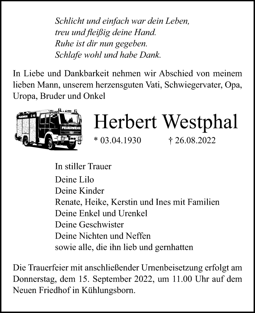 Traueranzeigen von Herbert Westphal | trauer-anzeigen.de