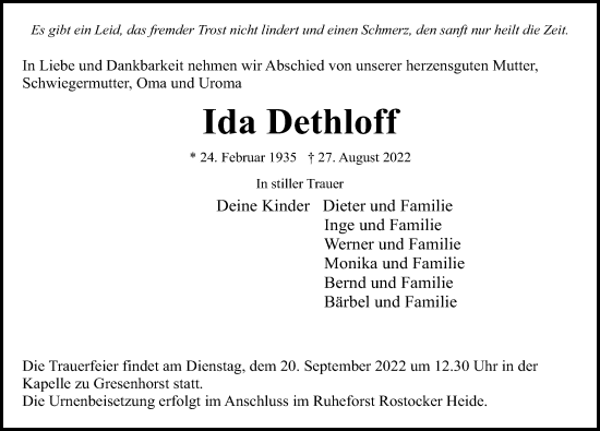 Traueranzeigen von Ida Dethloff | trauer-anzeigen.de