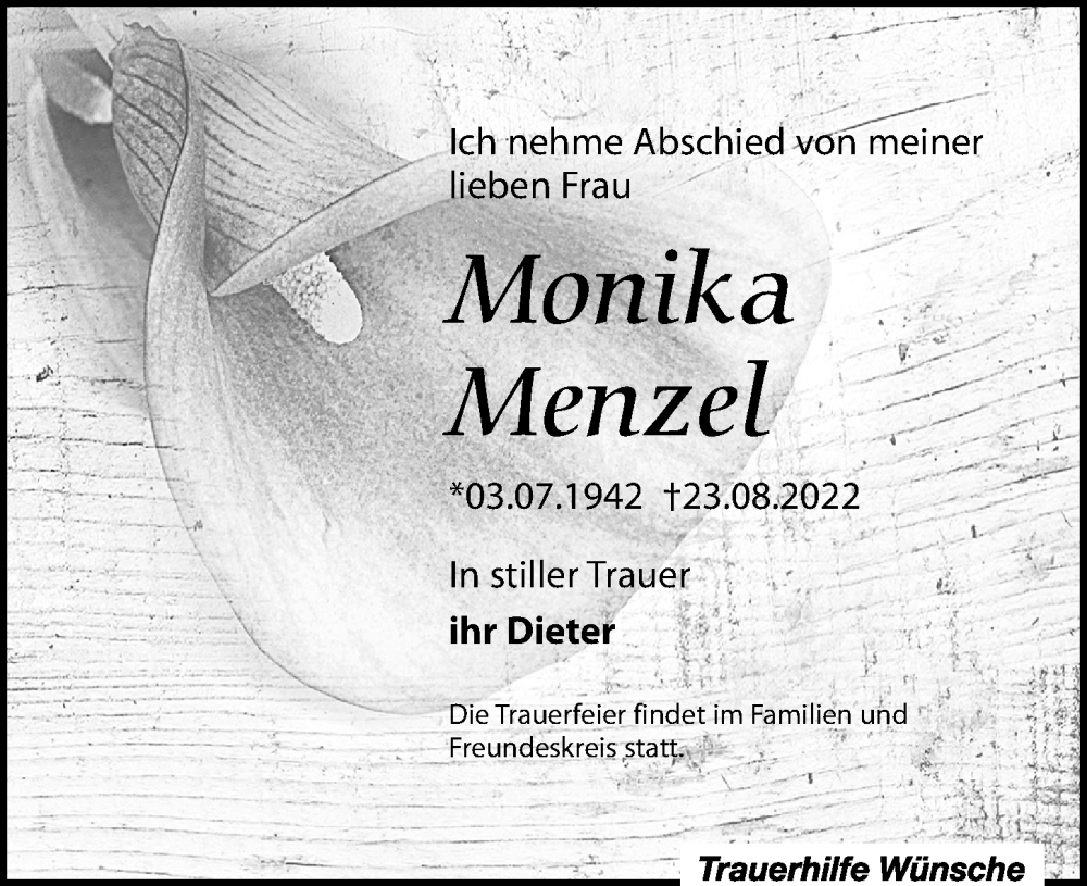 Traueranzeigen von Monika Menzel | trauer-anzeigen.de