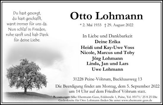 Traueranzeigen von Otto Lohmann | trauer-anzeigen.de