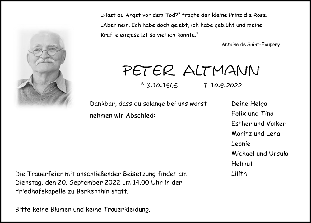 Traueranzeigen von Peter Altmann | trauer-anzeigen.de