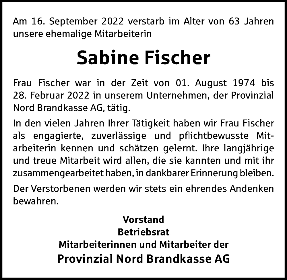Traueranzeigen von Sabine Fischer | trauer-anzeigen.de
