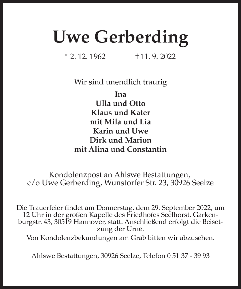 Traueranzeigen von Uwe Gerberding | trauer-anzeigen.de