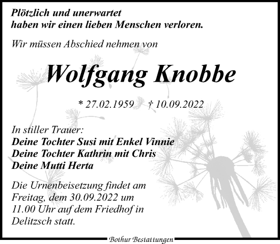 Traueranzeigen von Wolfgang Knobbe | trauer-anzeigen.de