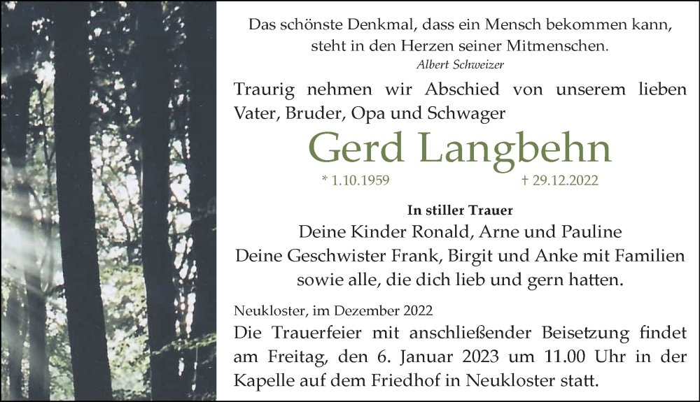 Traueranzeigen von Gerd Langbehn | trauer-anzeigen.de