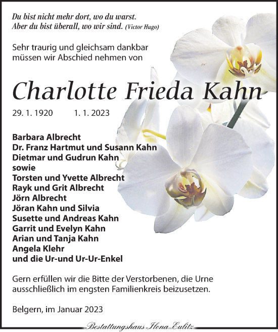 Traueranzeigen von Charlotte Frieda Kahn | trauer-anzeigen.de