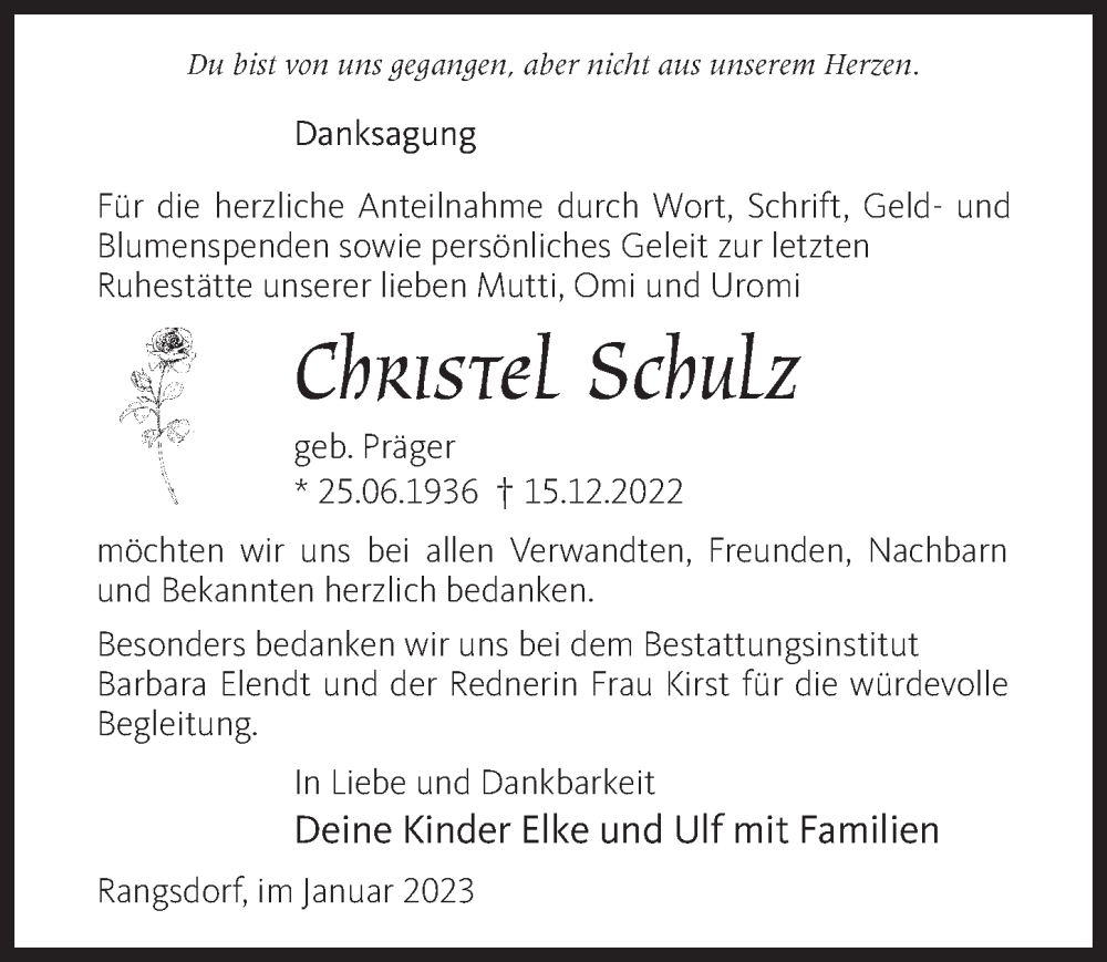Traueranzeigen von Christel Schulz | trauer-anzeigen.de