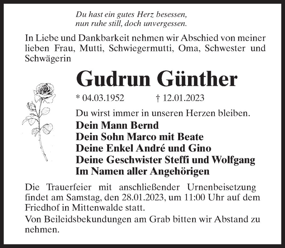 Traueranzeigen von Gudrun Günther | trauer-anzeigen.de