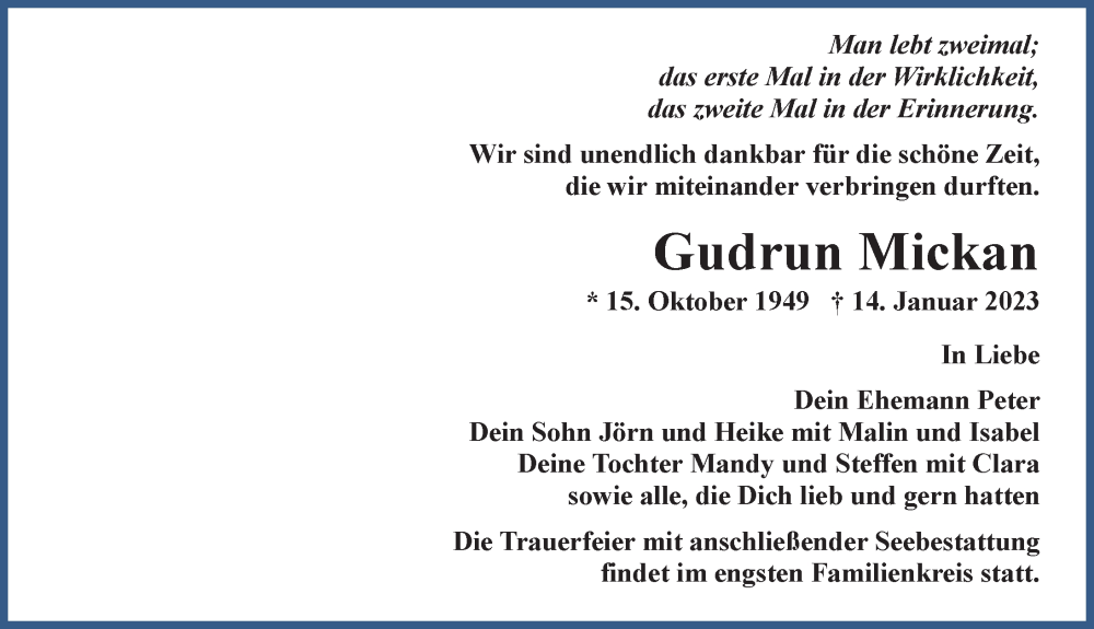 Traueranzeigen von Gudrun Mickan | trauer-anzeigen.de