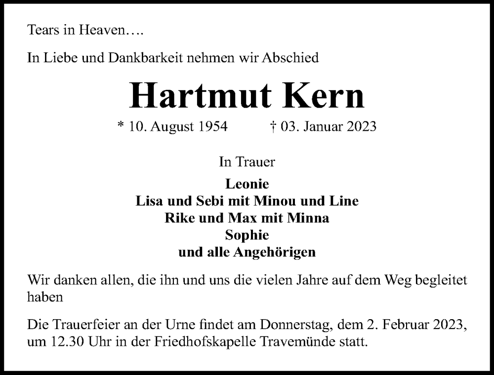 Traueranzeigen von Hartmut Kern | trauer-anzeigen.de