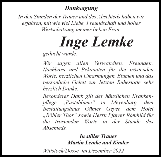 Traueranzeigen von Inge Lemke | trauer-anzeigen.de