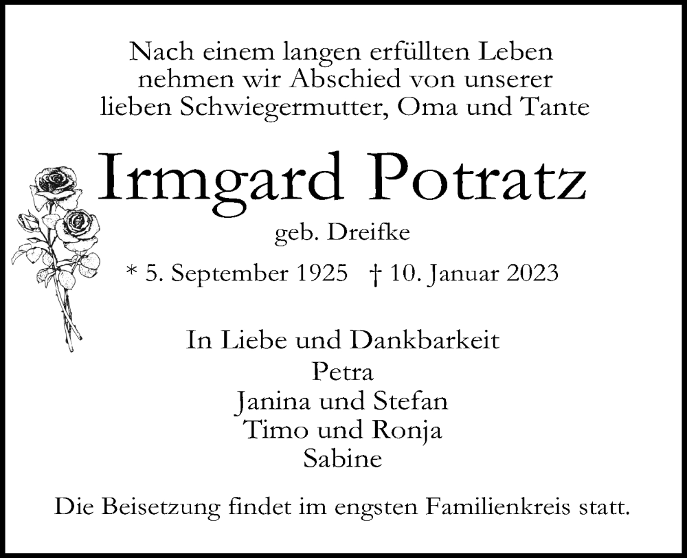 Traueranzeigen von Irmgard Potratz | trauer-anzeigen.de
