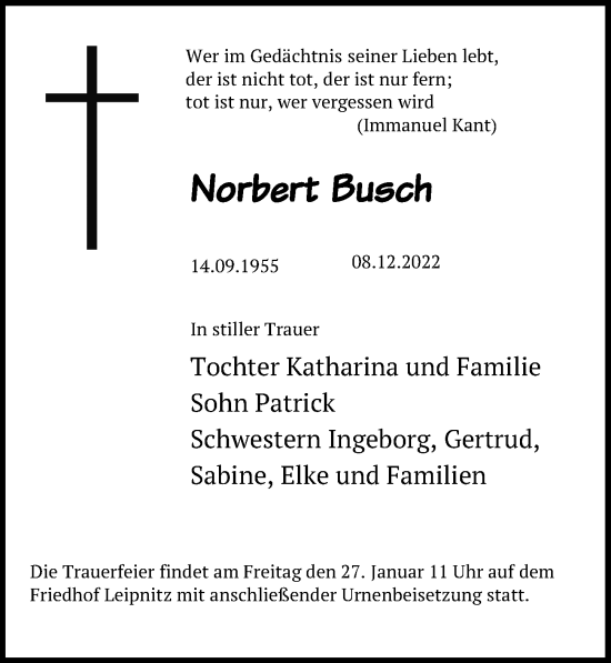 Traueranzeigen von Norbert Busch | trauer-anzeigen.de