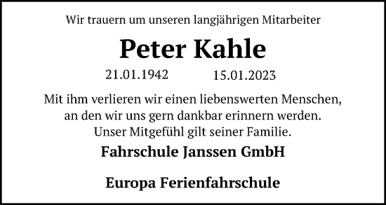 Traueranzeigen von Peter Kahle | trauer-anzeigen.de
