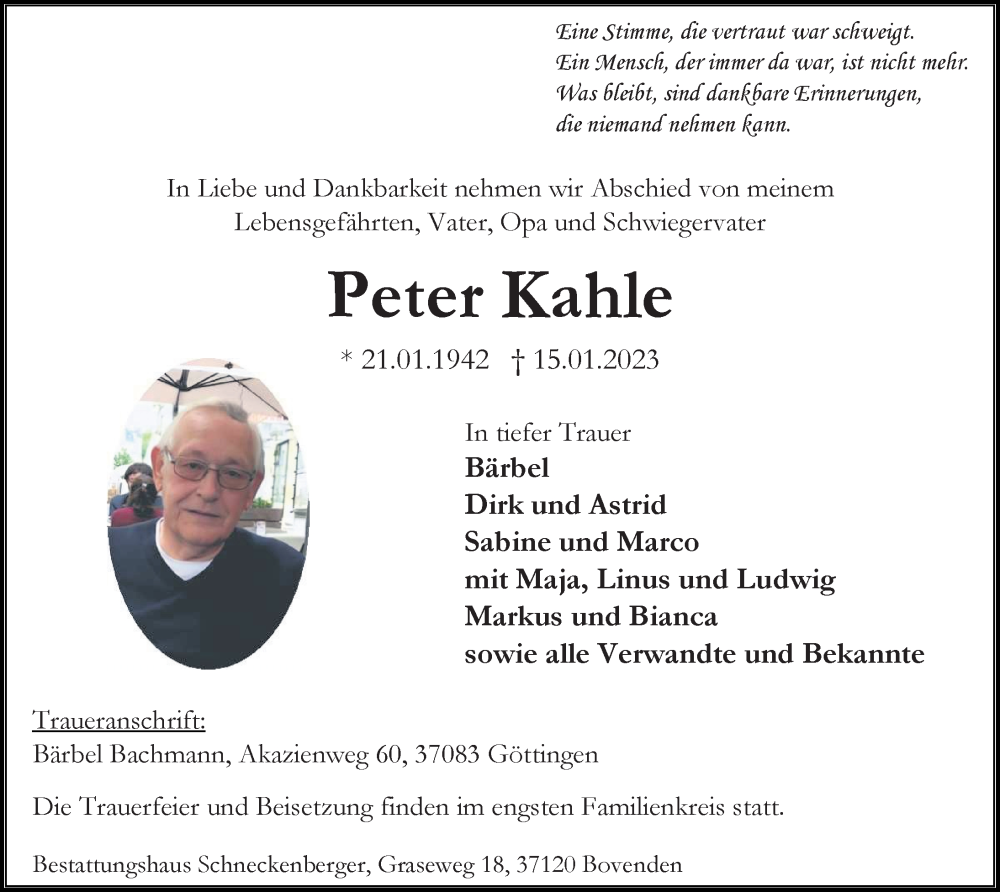Traueranzeigen von Peter Kahle | trauer-anzeigen.de