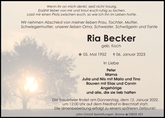 Traueranzeigen von Ria Becker | trauer-anzeigen.de