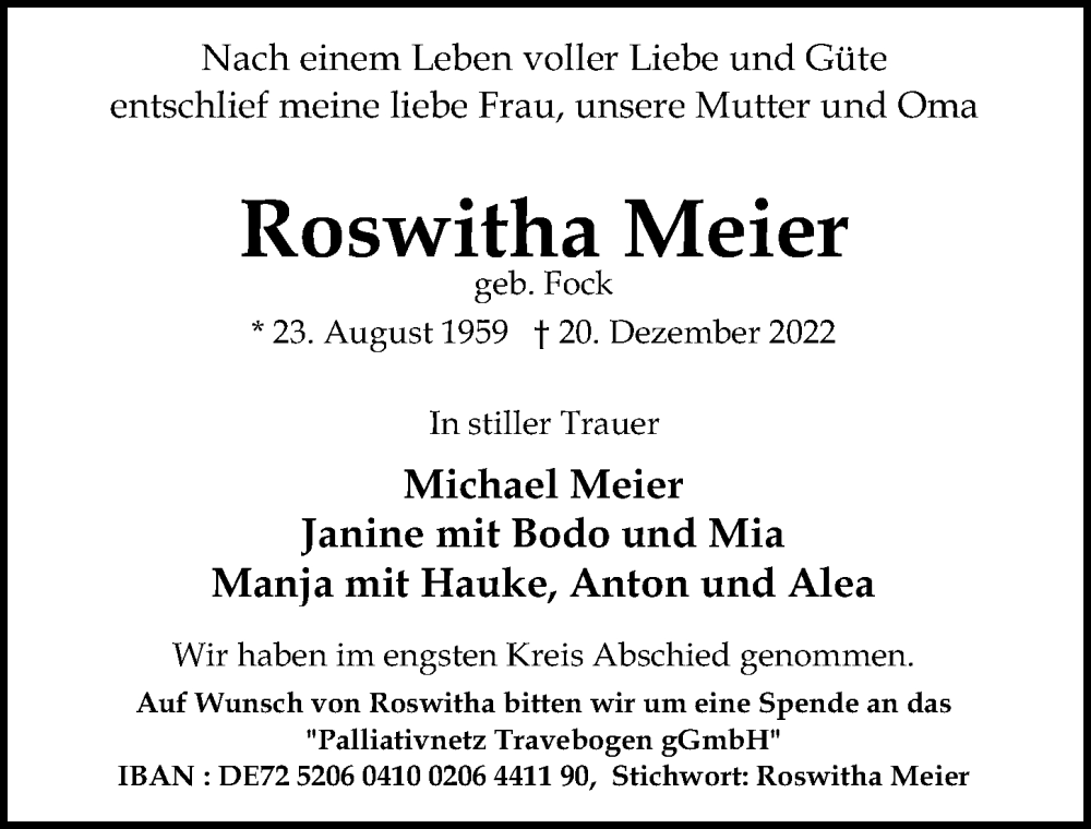 Traueranzeigen von Roswitha Meier | trauer-anzeigen.de