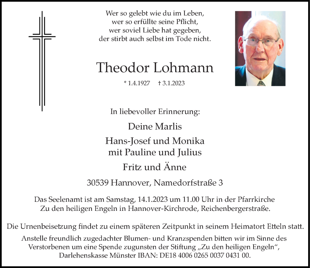 Traueranzeigen von Theodor Lohmann | trauer-anzeigen.de